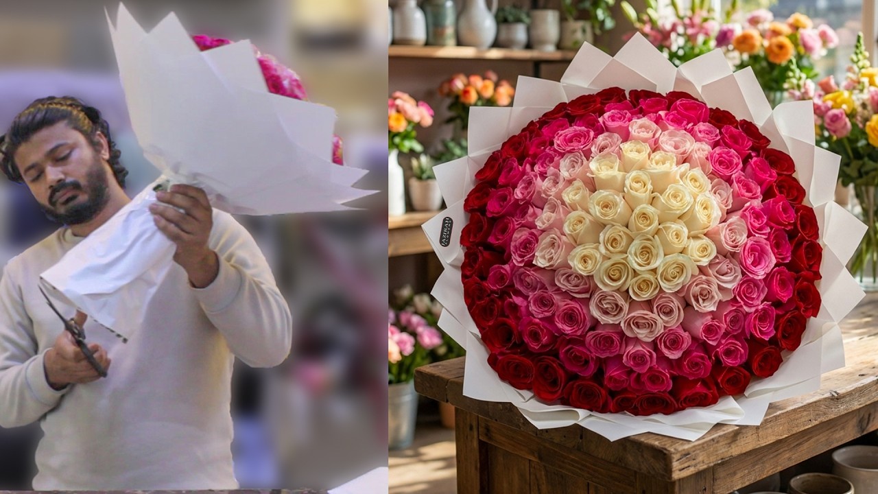 How To Make 5 Color Rainbow Rose Bouquet | Cream White to Red Round Arrangement