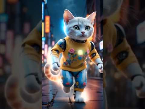 Humanoid Cat in Floral Outfit Transforms into a Cyberpunk Robot #humanoid #robotart #cat #magic
