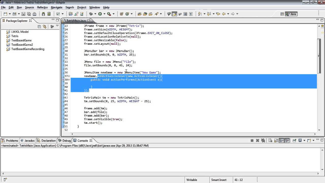 Java Tetris Tutorial 2 - Making a Menu Bar