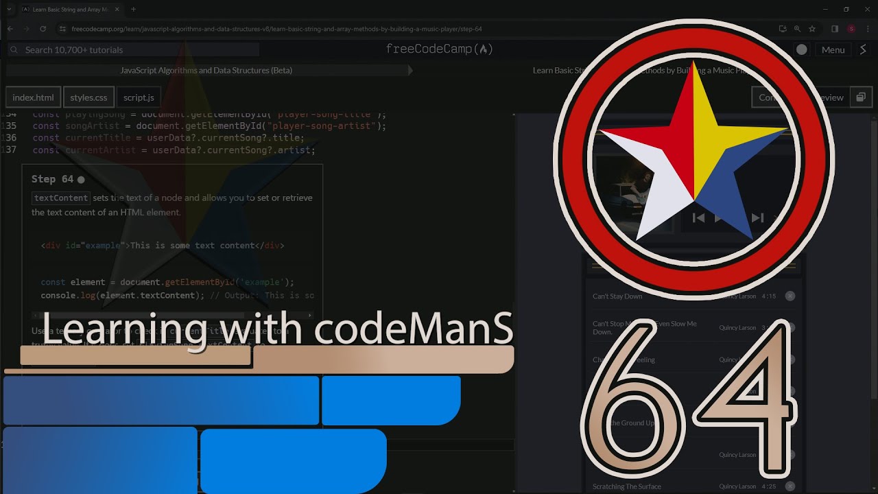 Learn Basic String and Array Methods by Building a Music Player - Step 64 | freeCodeCamp | (Beta)