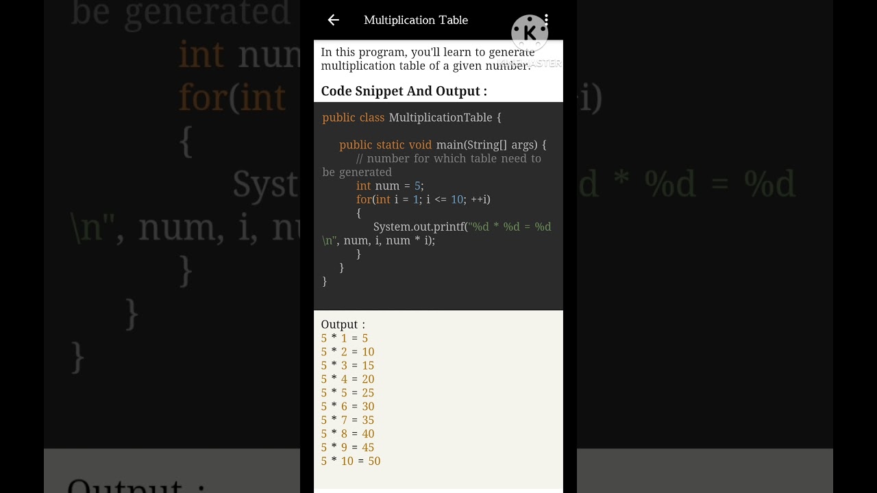 Java program to print multiplication table#java #multiplicationtable #javacodes #short #javatutorial