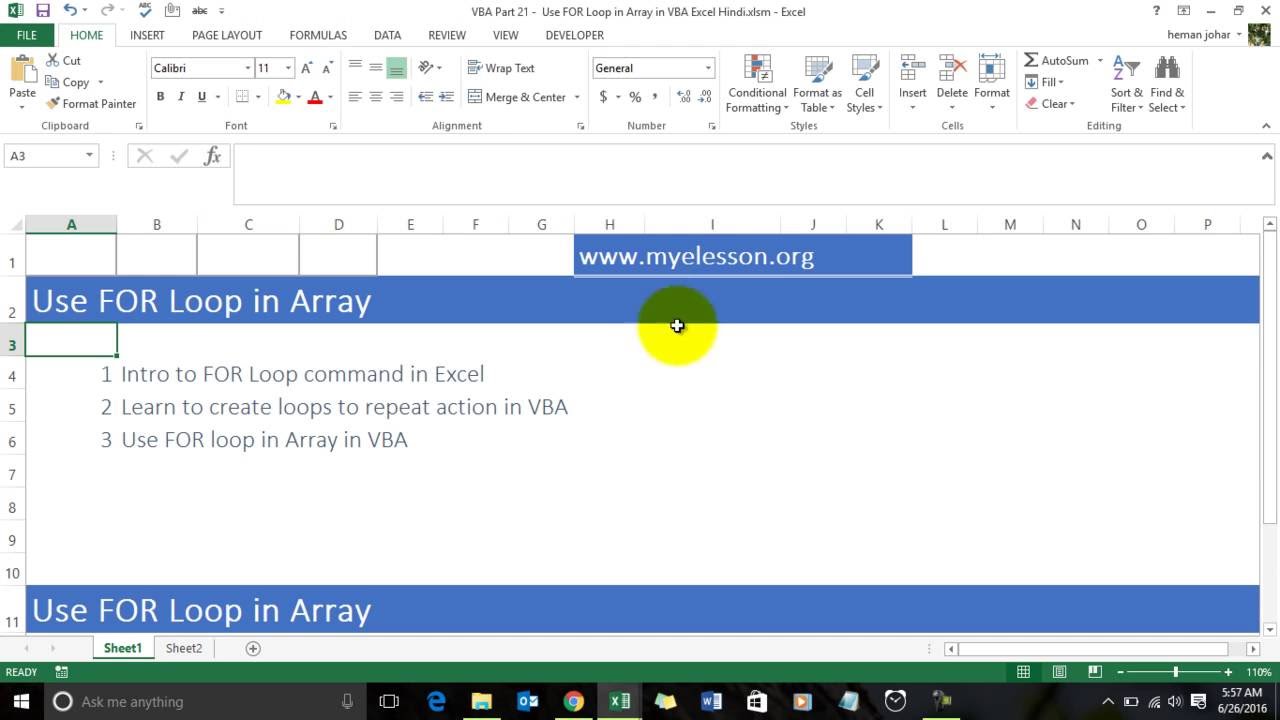 Learn Vba Use For Loop In Array In Vba Learn Excel Course Ms Word Course And Ms Excel Course