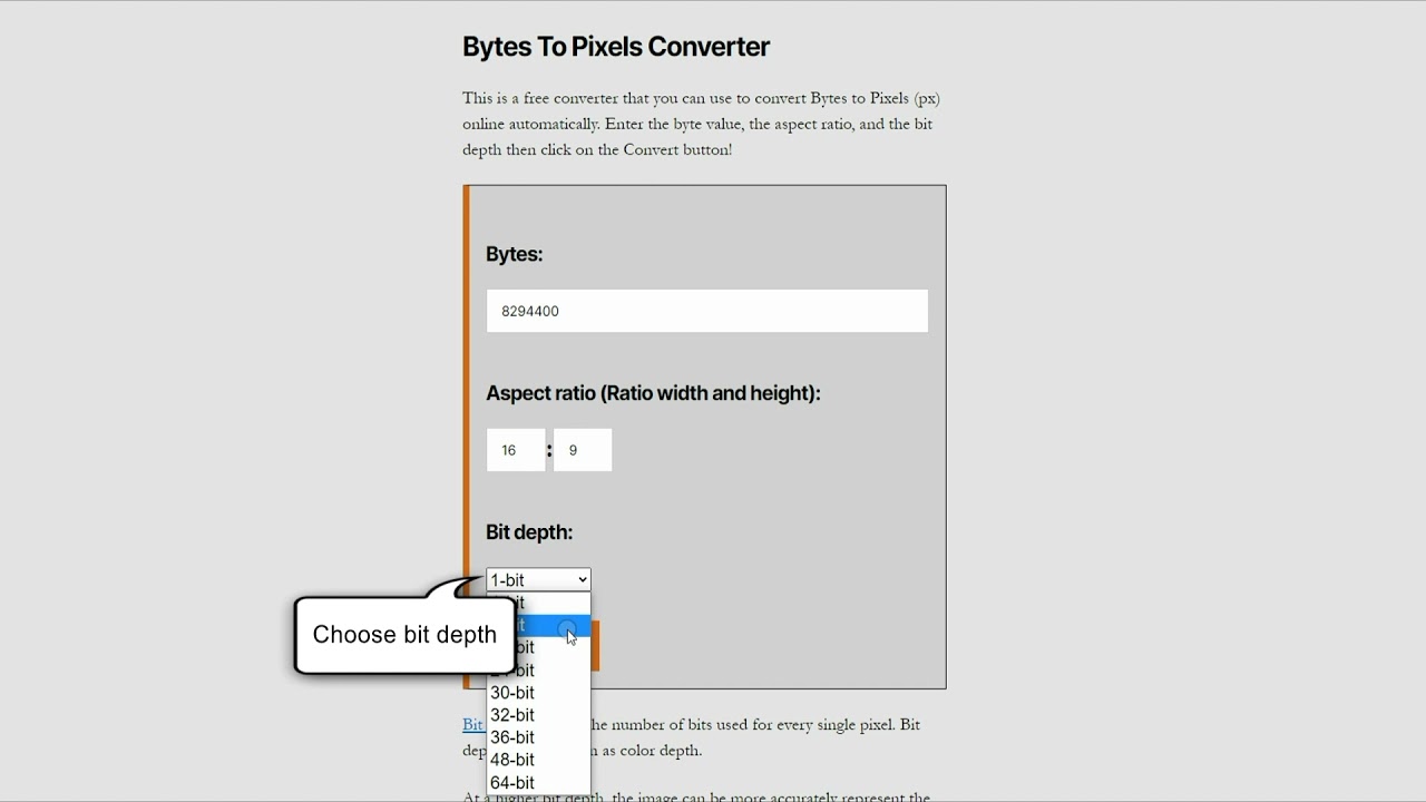 Bytes To Pixels Converter