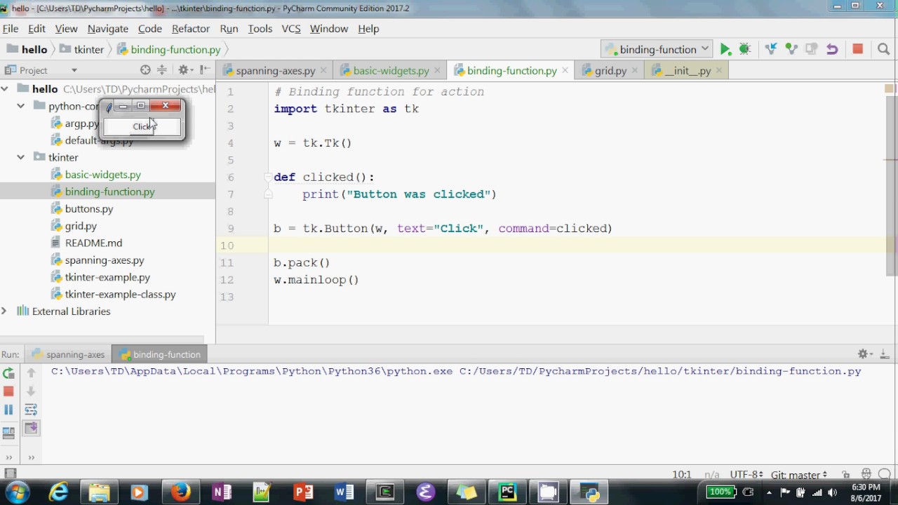 Python GUI: Binding event (mouse click) to action in Hindi