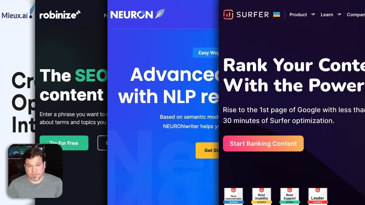 Surfer SEO vs Neuron Writer vs Robinize vs Mieux