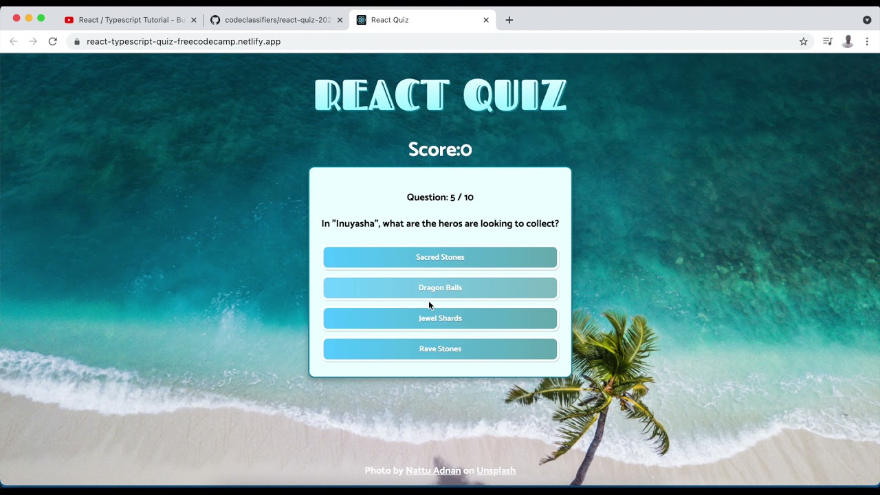 Demo of quiz made using typescript and styled components in react from freecodecamp tutorial #shorts