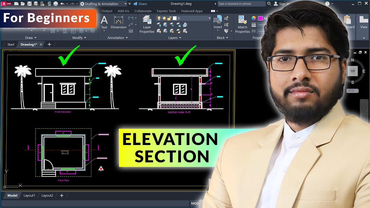 Simple Plan Elevation & Section in AutoCAD for Beginners