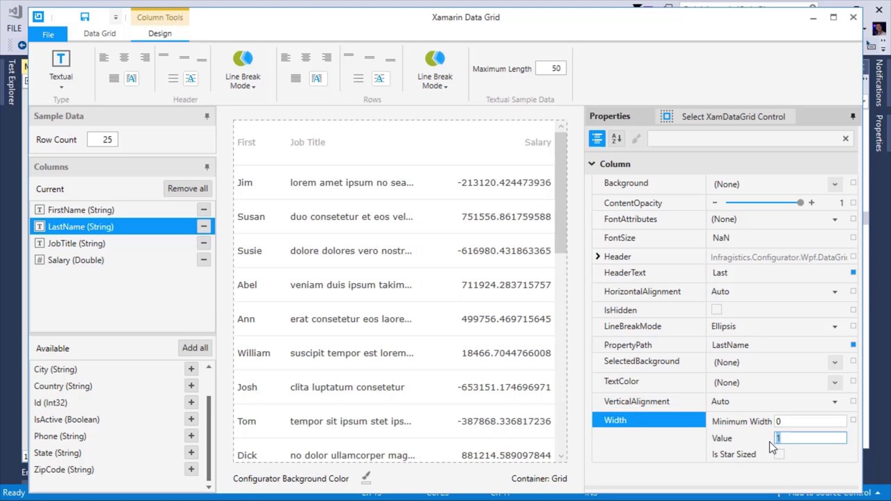 XamDataGrid Control Configurator - Xamarin