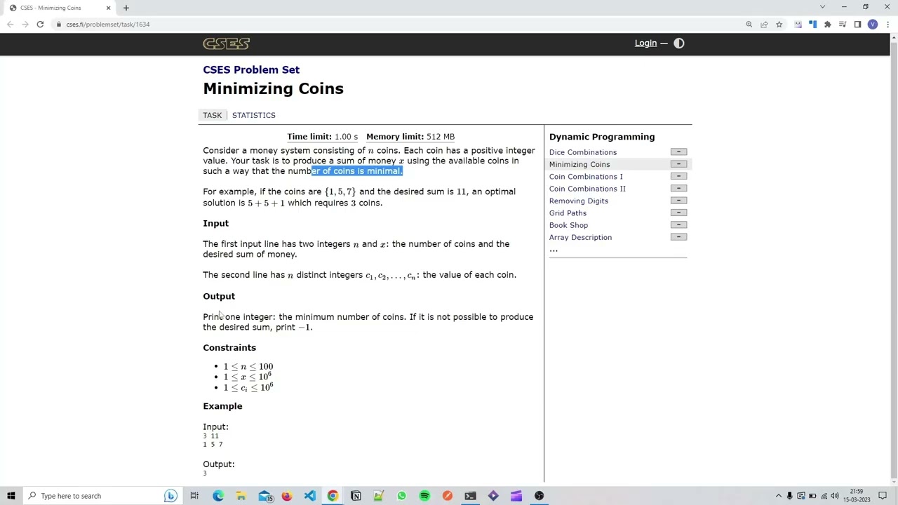 Solving CSES Problemset #1634 - Minimizing Coins - Dynamic Programming