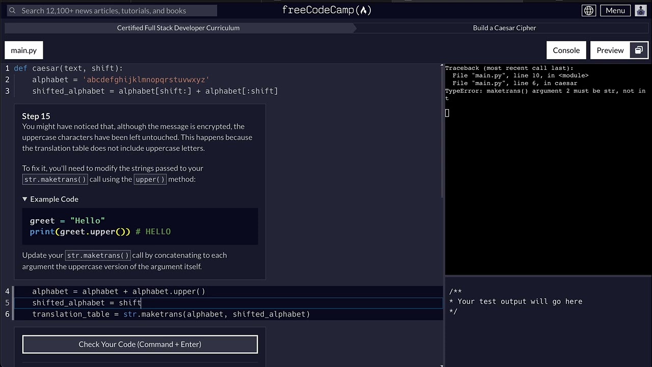 FreeCodeCamp - Python Project - Step 15 of 25 - Caesar Cipher