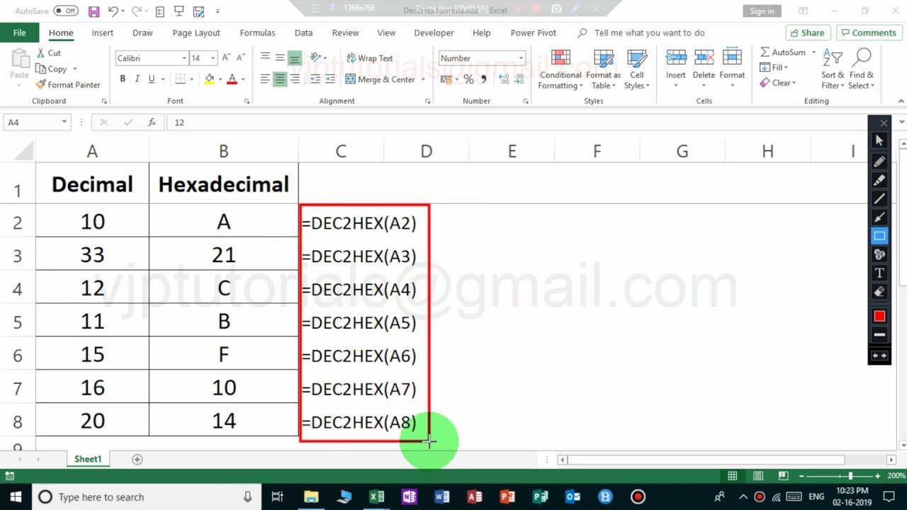 Dec2hex function example in excel