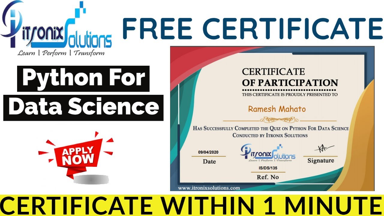 Python For Data Science Certificate - ITRONIX SOLUTIONS | Free Certificate #Python #DataScience