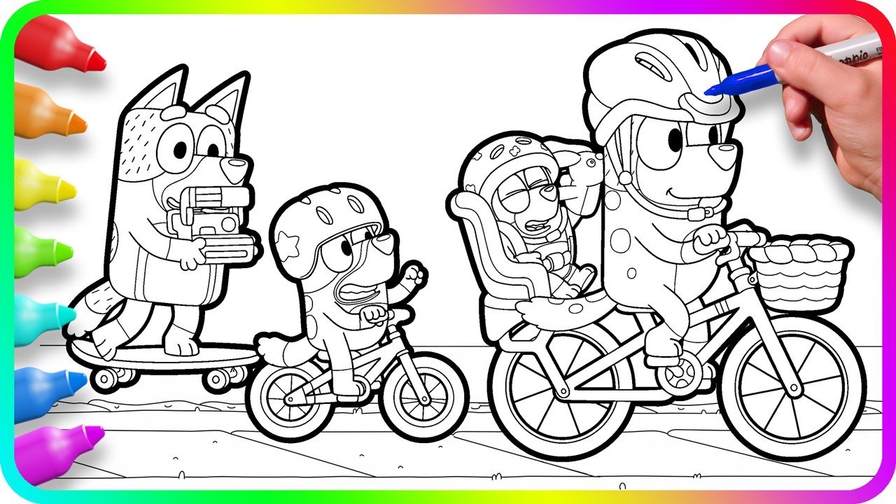 BLUEY Coloring Pages - Bicycle Ride / Do you know How to color Bluey, Bingo, Bandit and Chilli?