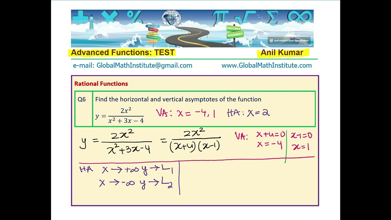 Horizontal and Vertical Asymptote for Rational Function TEST MHF4U Advanced Function Pre Calculus