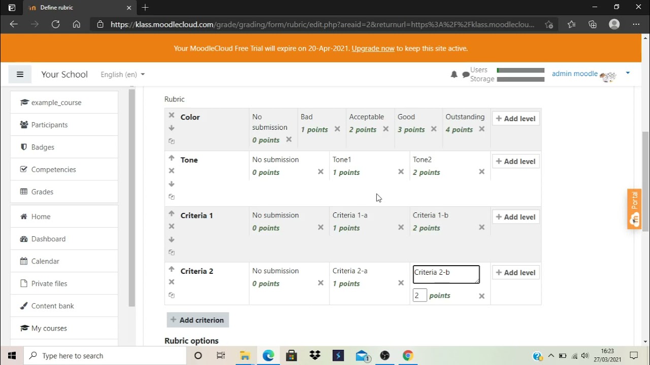 Rubric in Moodle Assignment