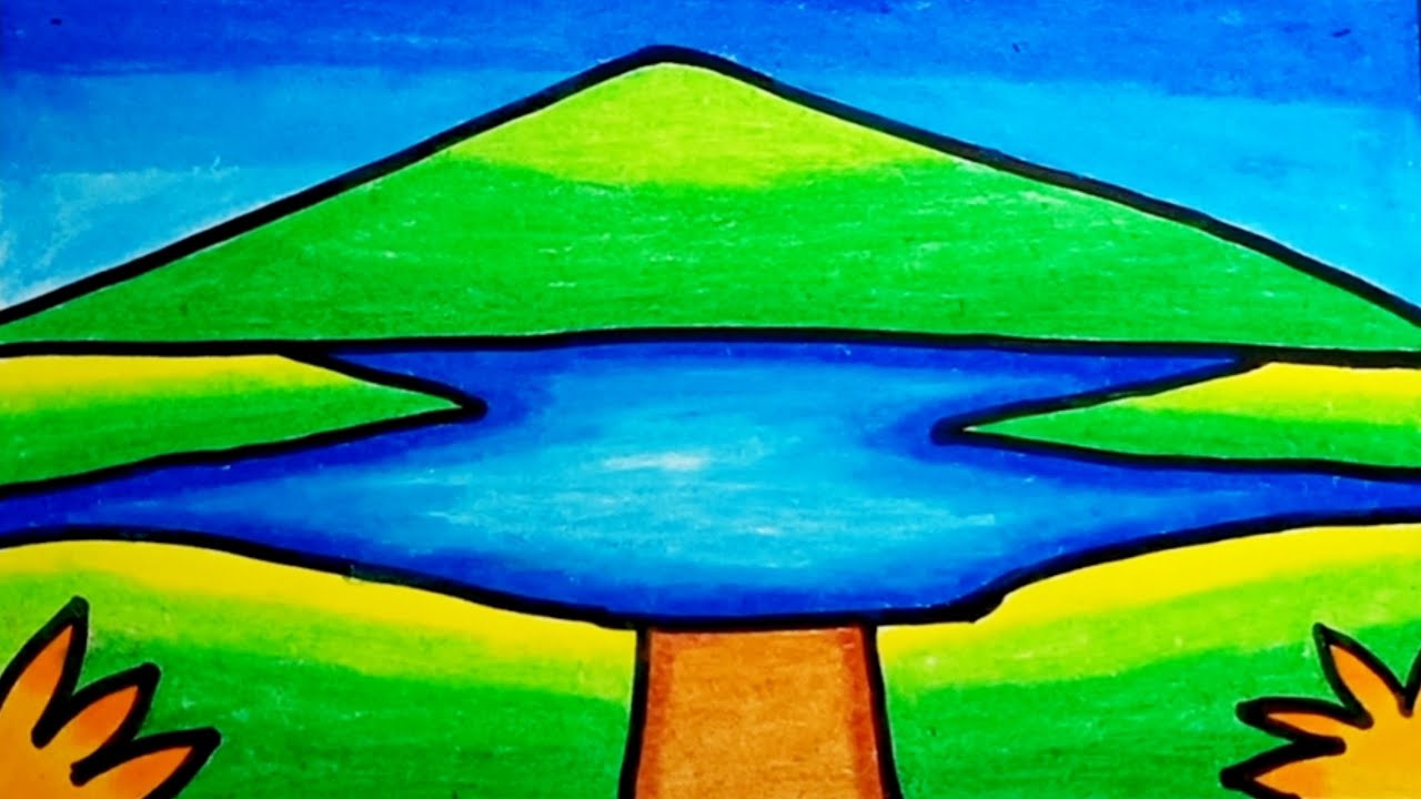 How To Draw a Lake Landscape Easy Step By Step | Drawing Lake Landscape With Oil Pastels Very Easy