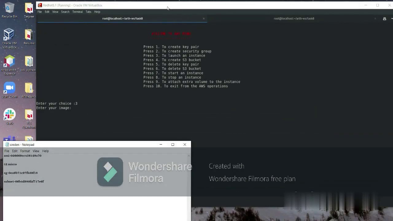 Create a Menu(Text based) Using Python integrating RedHat8, Docker, AWS And Hadoop