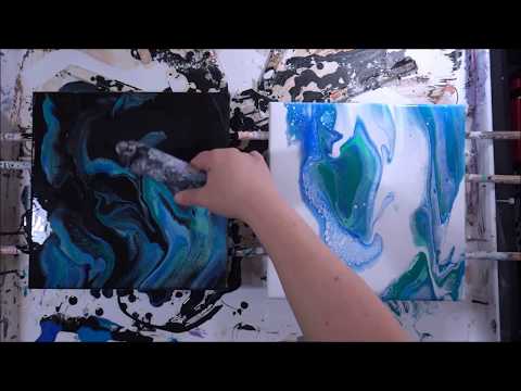 Black & White Negative Space- Blue/Green Acrylic Pouring (113)