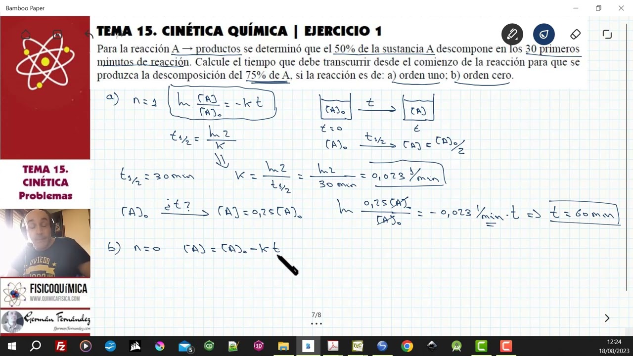 TEMA 15. CINÉTICA QUÍMICA | EJERCICIO 15.1. DETERMINAR TIEMPO PARA DESCOMPOSICIÓN 75% DEL REACTIVO