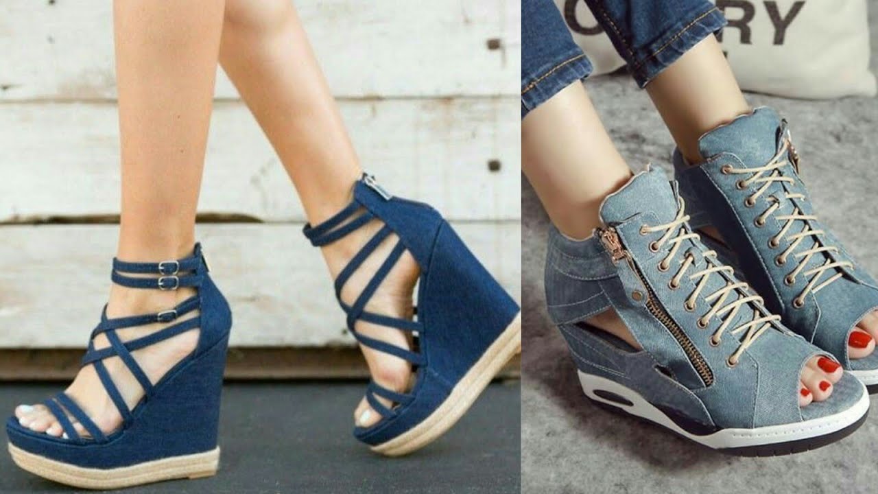Blue/navy Denim strappy platform wedge sandals,designer sandals for women and girls