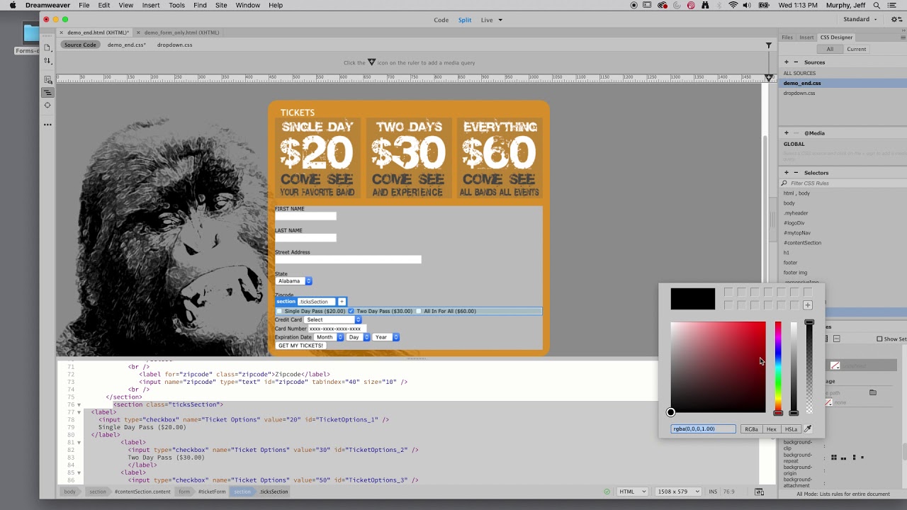 Styling forms in CSS using Dreamweaver CC.