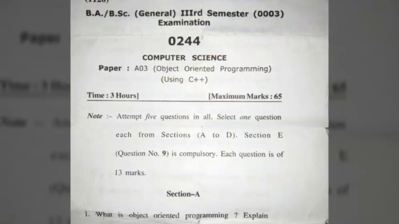 Object Oriented Programming Using C++ || Question Paper || Computer Science