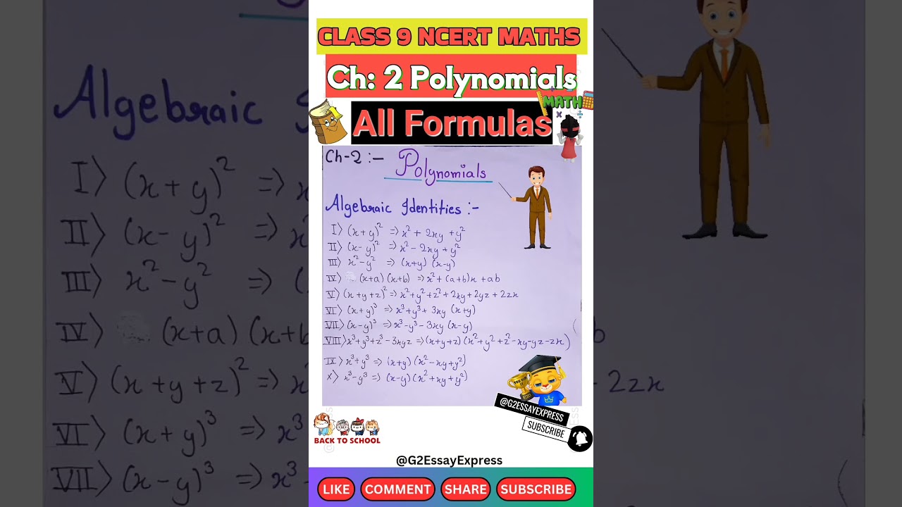class 9 maths chapter 2 polynomials formulas || ncert class 9 maths chapter 2 all formulas
