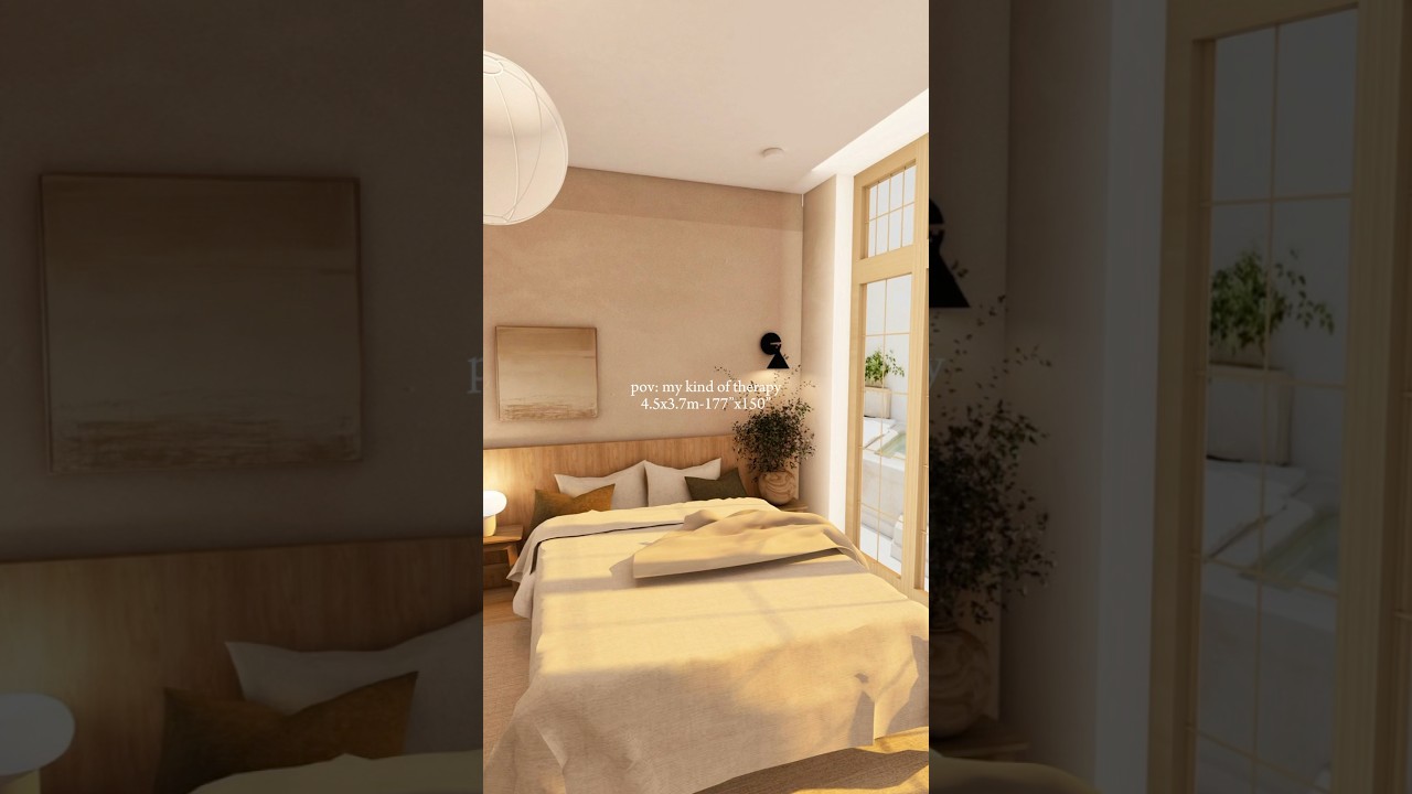 Small cosy bedroom, neutral tones 🌱 with WIC - 17m2 - 4.5x3.7m / 177”x150”. #neutralhome #bedroom