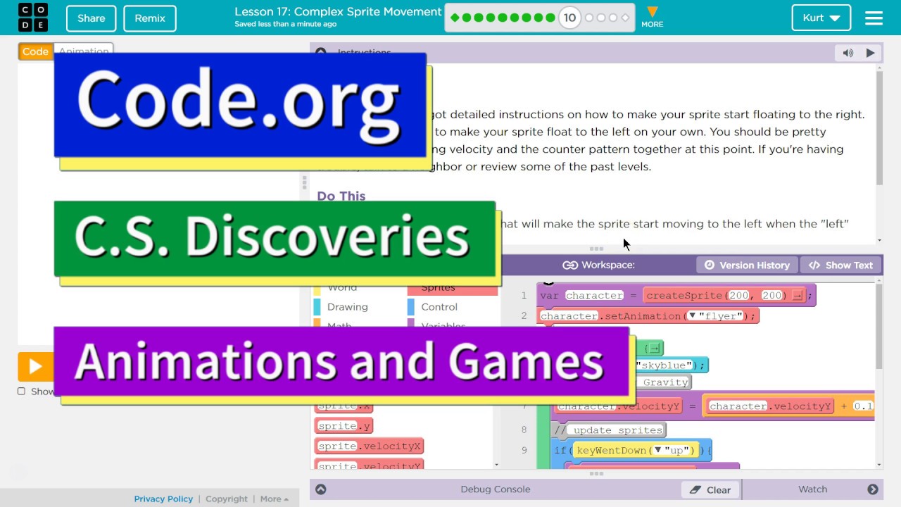 Complex Sprite Movement Lesson 17.10 Code.org Tutorial with Answers