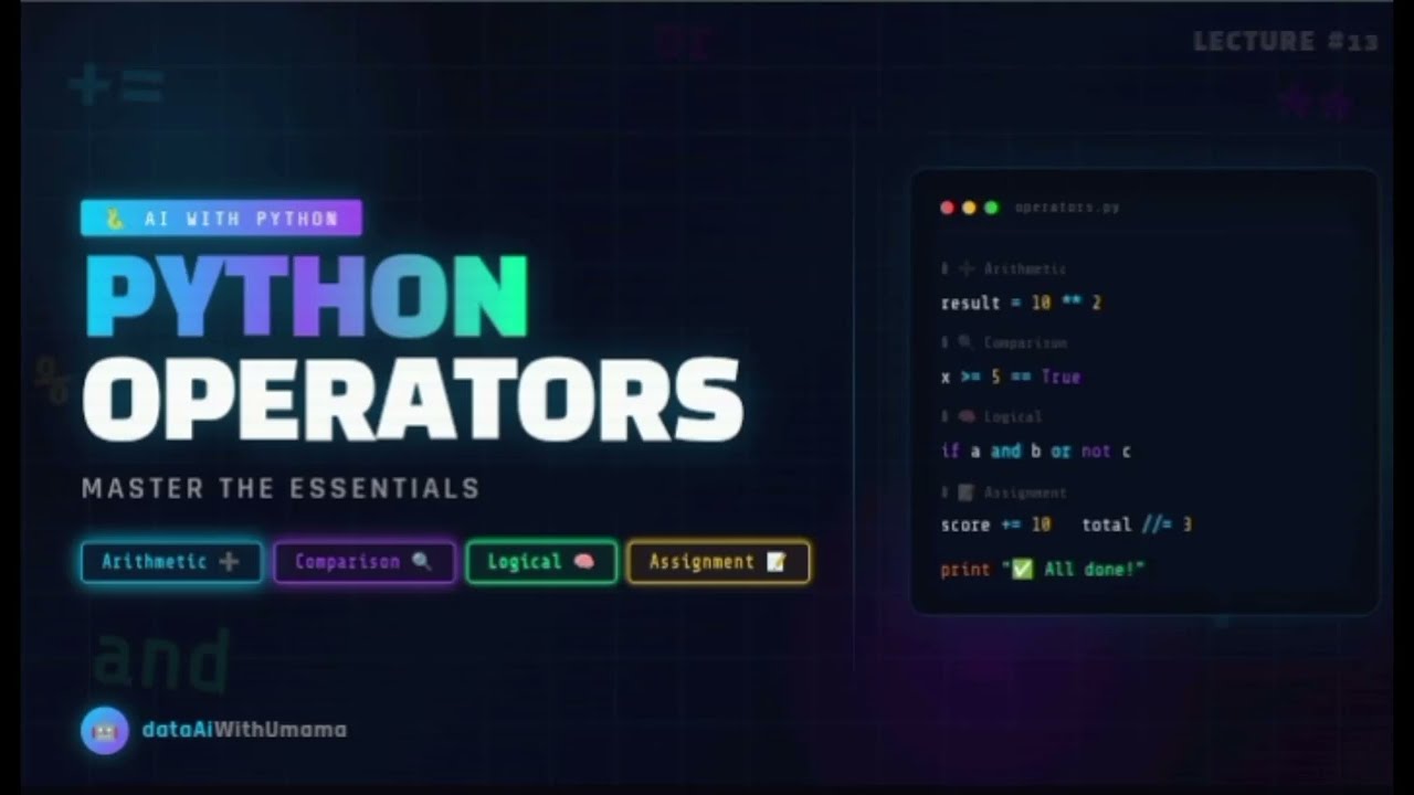 Topic:13 Python Operators Explained: Arithmetic, Comparison, Logical & Assignment 