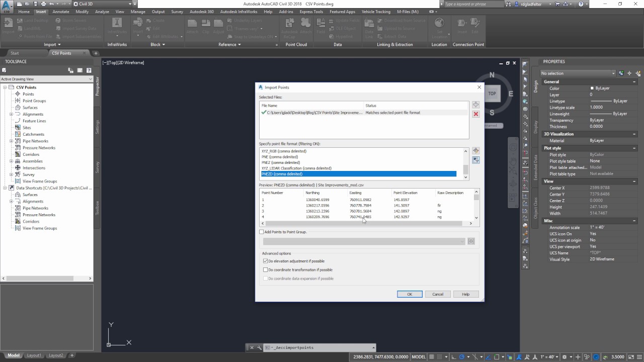 Civil 3D - Create Points from a CSV File in AutoCAD Civil 3D