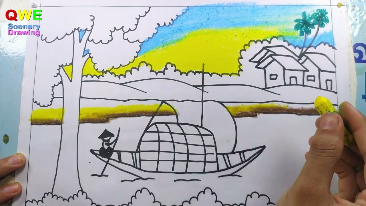Scenery Drawing | Landscape Drawing Easy - Drawing Class- 25