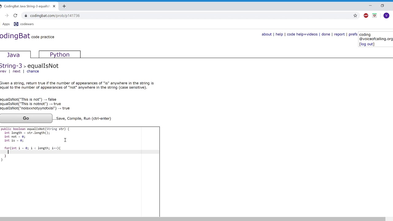 String 3 (equalIsNot) Java Tutorial || codingbat.com