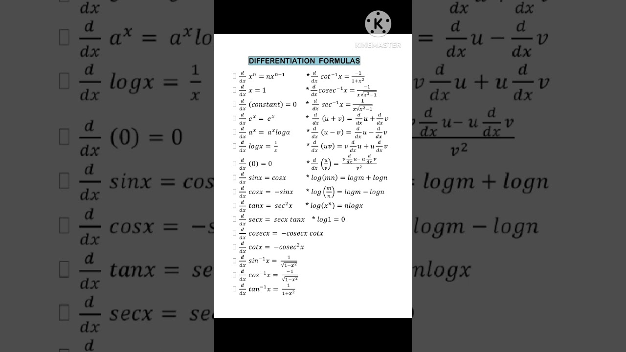 Differentiation all formulas//#derivative formulas#class12maths#class11maths #formula#exam#viral#