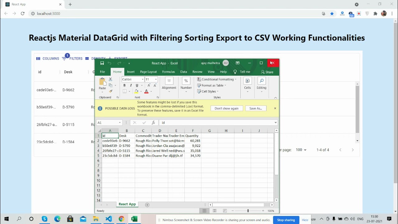 Reactjs Material Data Grid with Filtering Sorting Export to CSV Working Functionalities