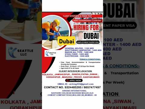"Hiring for Dubai 🇦🇪 | Construction Jobs with Free Food, Visa & Stay | Salary up to AED 1500"#shorts