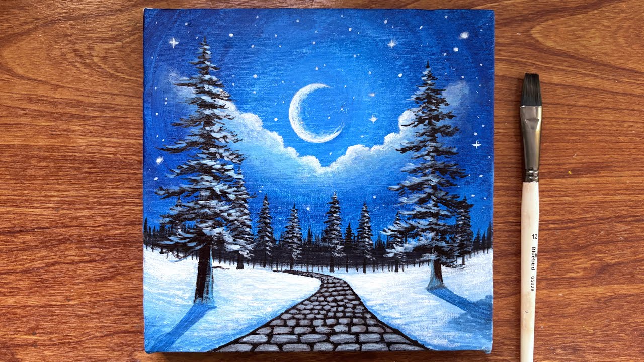 Peaceful Winter Night Landscape Painting for beginners | Acrylic Painting Winter | Canvas Painting