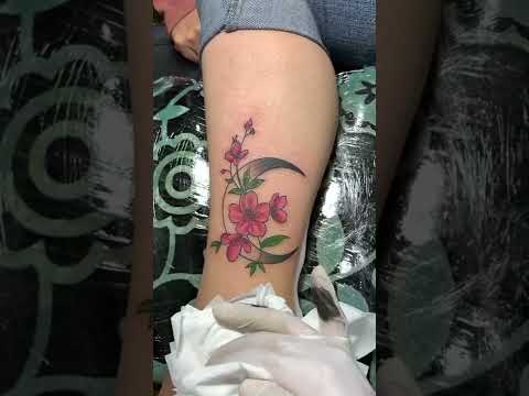 Floral Flower Moon Cherry Blossom Ankle Tattoo Ideas for Women Leg