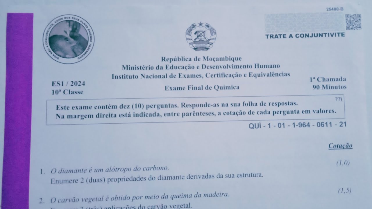 RESOLUÇÃO DO EXAME FINAL DE QUÍMICA DA 10ª CLASSE 2024 - 1ª CHAMADA | O PRÉ-QUÍMICO