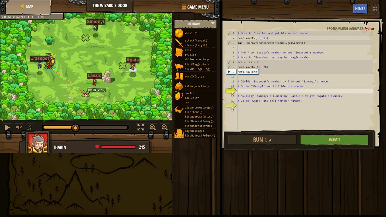 CODE COMBAT PYTHON level THE WIZARD'S DOOR, Arguments Arithmetic Basic Syntax Variables