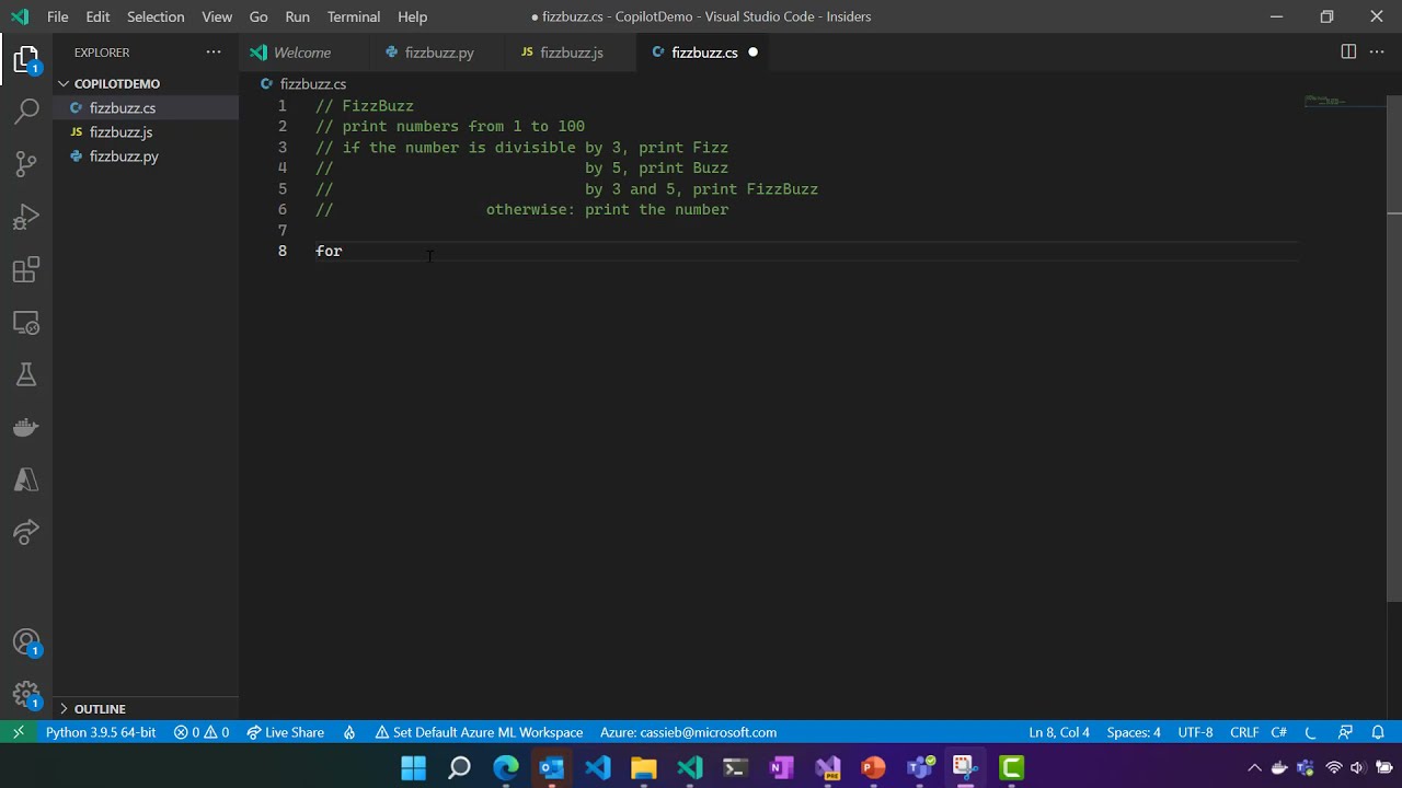 GitHub Copilot FizzBuzz Demo with Python, JavaScript and C# - AI Pair Programming