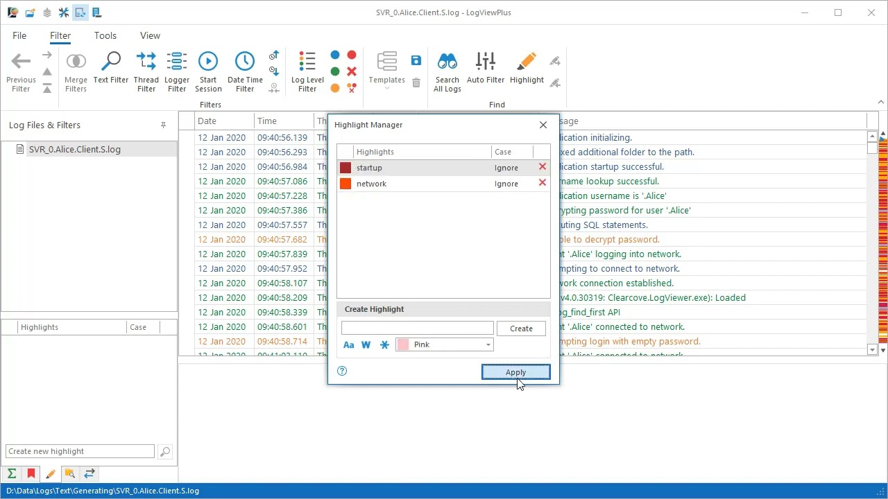 Finding Text in LogViewPlus