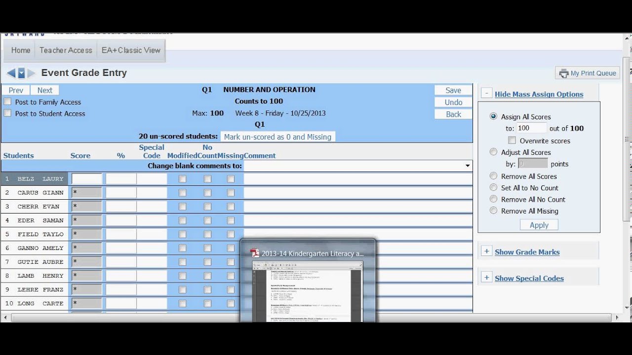 Skill Entry for Kindergarten Report Cards