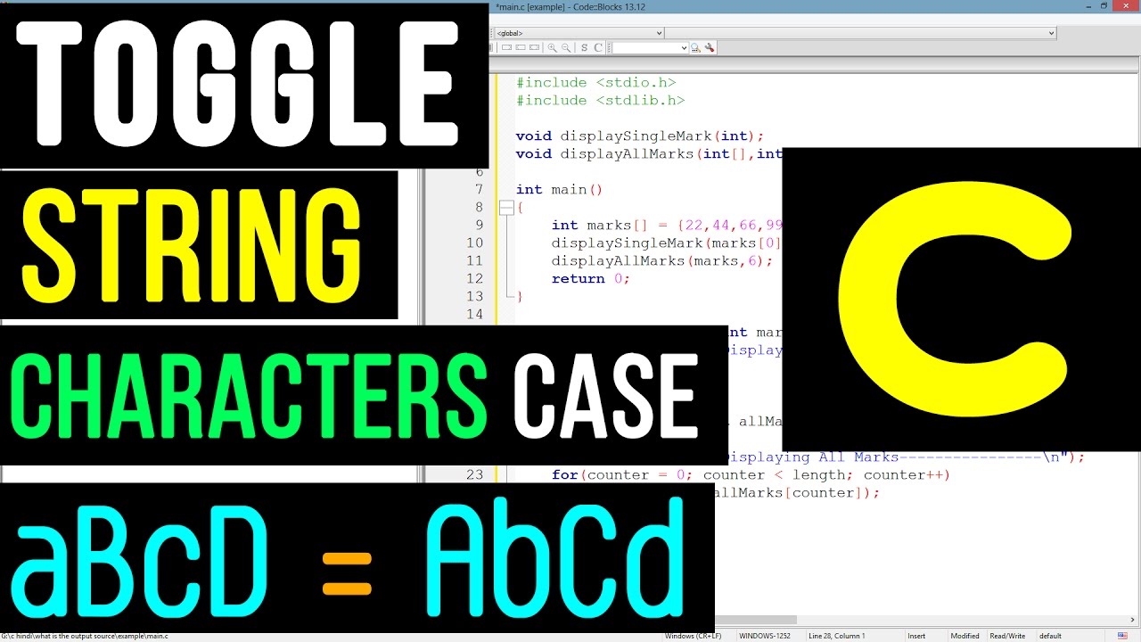 Toggle All Characters case in a String | C Programming video tutorial