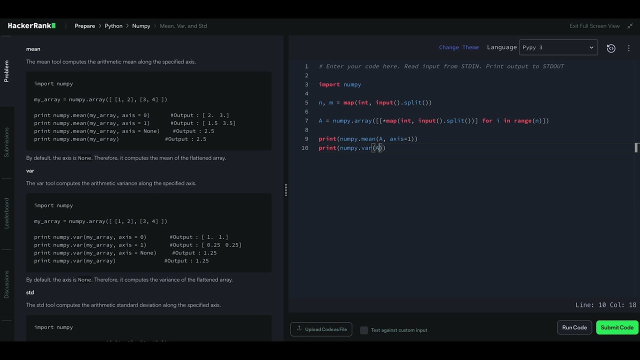 Hackerrank Python Solution  #11 Numpy - Mean, Var, and Std