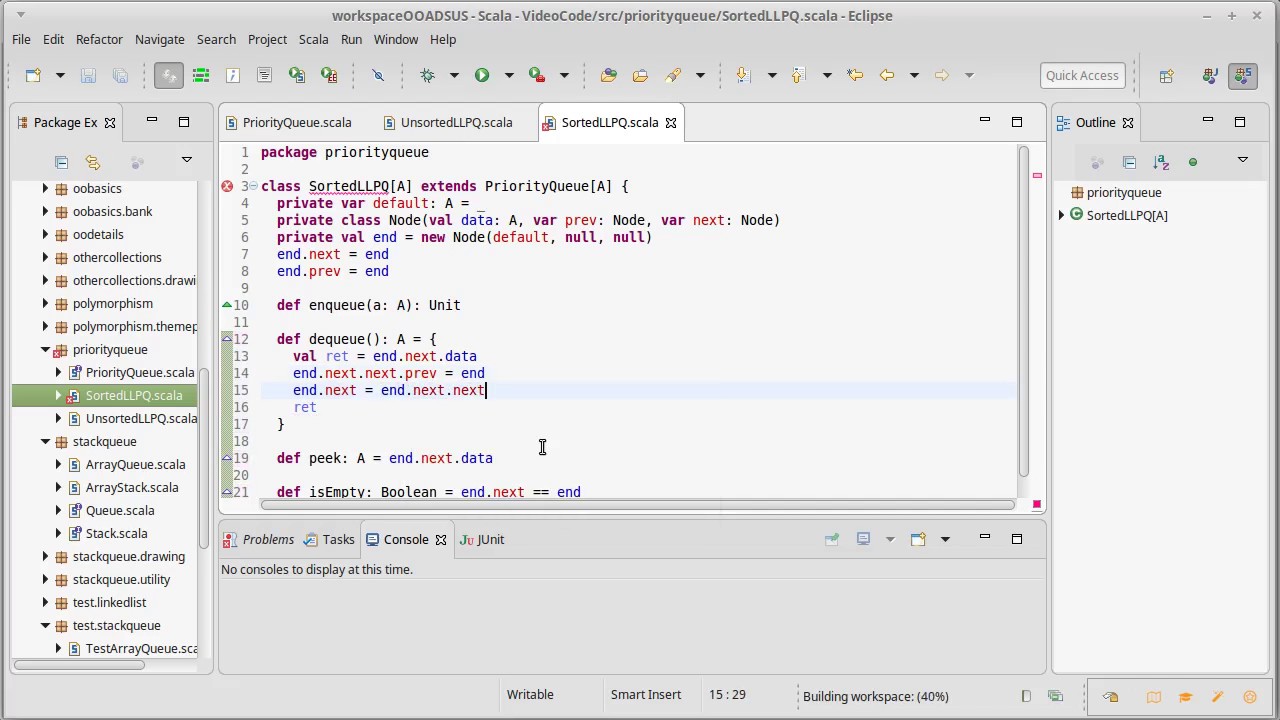 Sorted Linked List Priority Queue (using Scala)