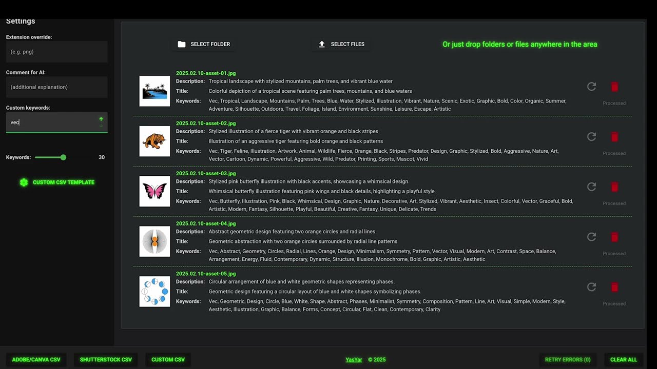 Descriptor – AI-powered Metadata Generator. CSV file for Adobe Stock, Canva, and Shutterstock.