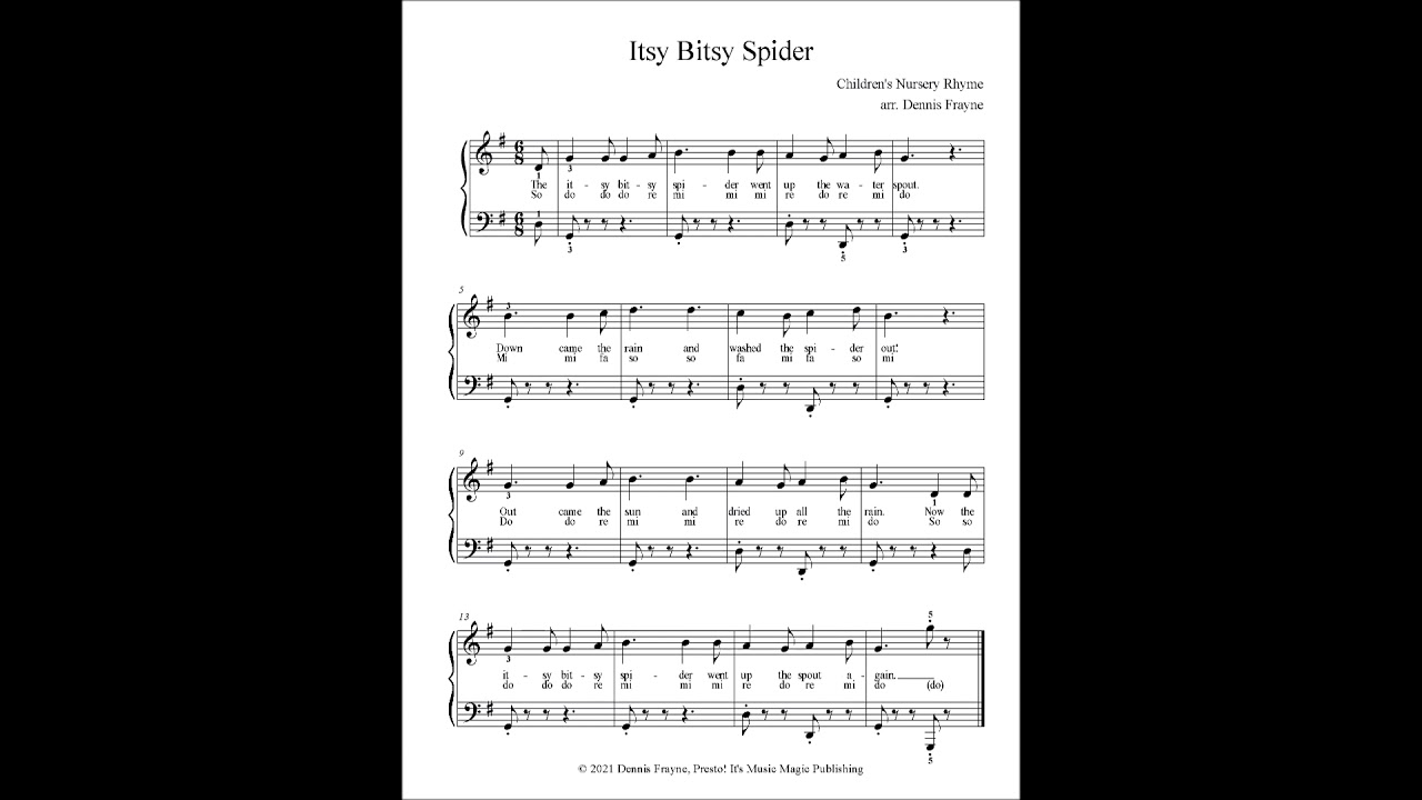Itsy Bitsy Spider, arranged for beginner piano by Dennis Frayne