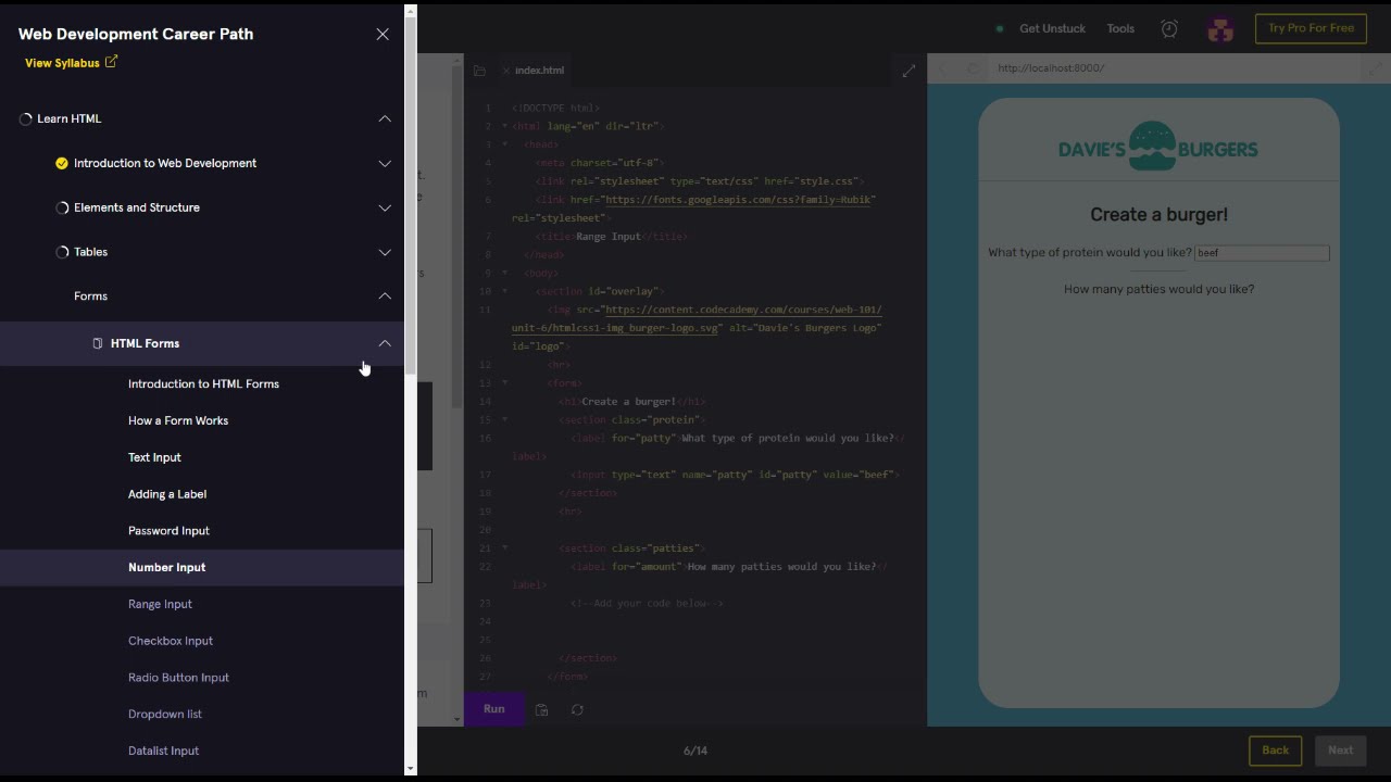 Learn HTML with Codecadmey HTML Forms  (Number Input)