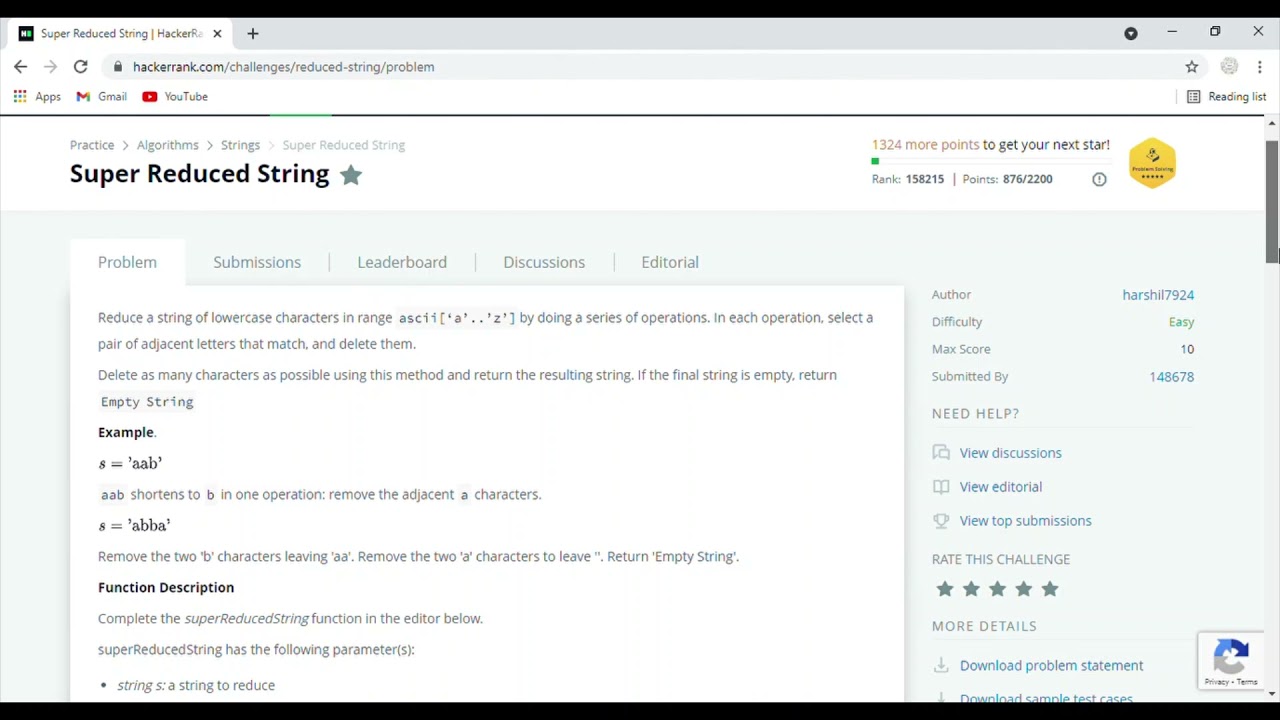 Hacker rank problem -super reduced string.... #coding #learning